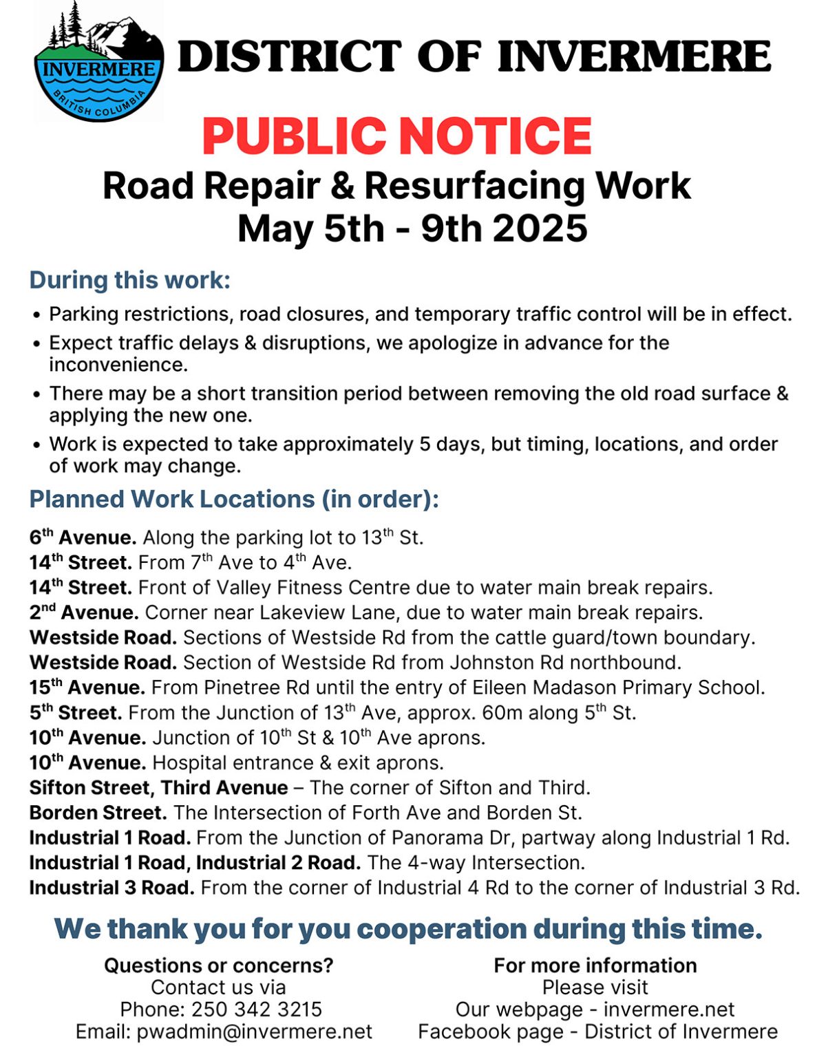 Public Notice: Road Repair & Resurfacing Work May 5 - 9th, 2025 ...